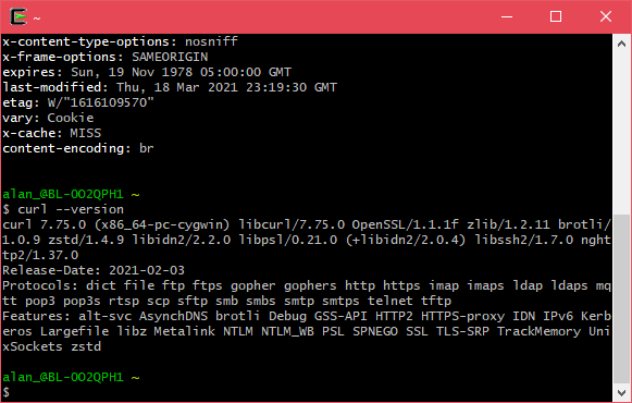 Reparar "curl: option --compressed...doesn't support this" Cygwin