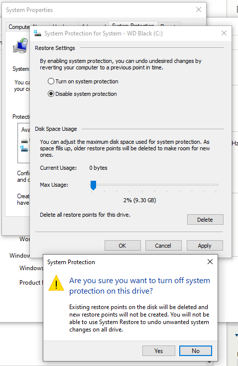 Disable System Restore and free up storage in Windows 10