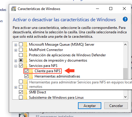 Pasos para instalar el cliente de NFS en Windows 10