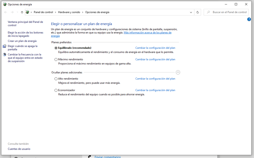 Cambiar Opciones de energía en Windows 10 en PC de Escritorio