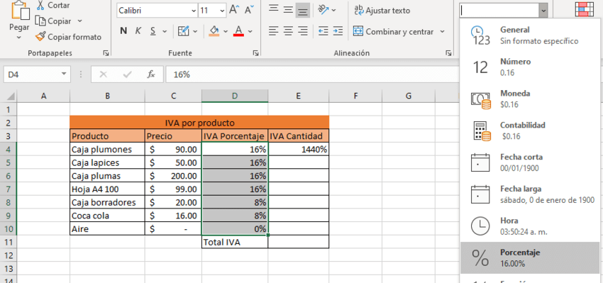 Uso y cálculo de porcentajes en Excel